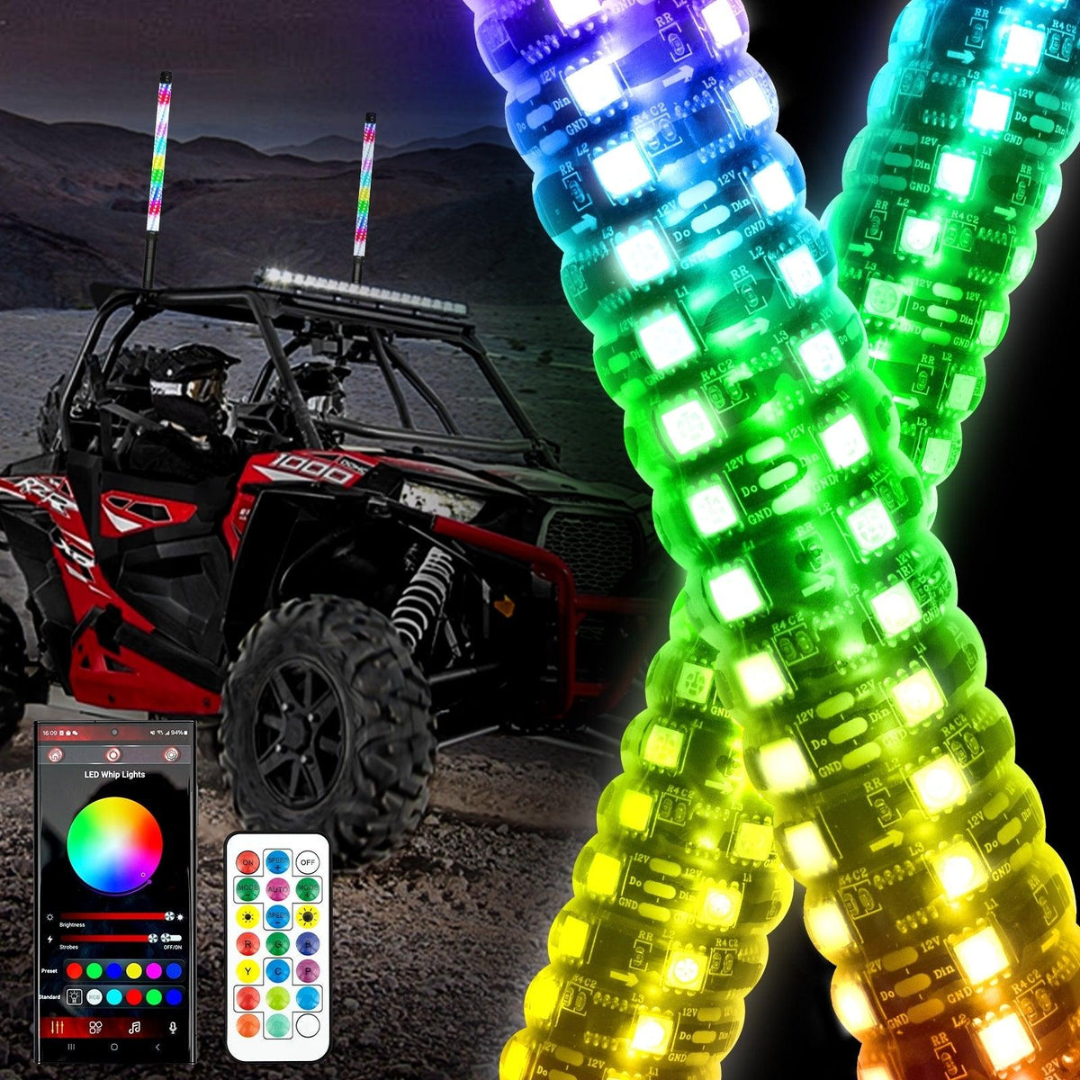 New 2.2FT LED RGB Whip Lights with Turn Signal & Brake Light, Bluetoot ...
