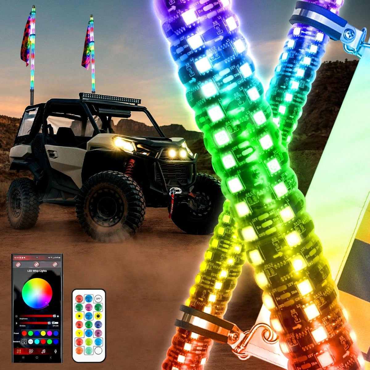 New LED RGB Whip Lights with Turn Signal & Brake Light, Bluetooth APP ...